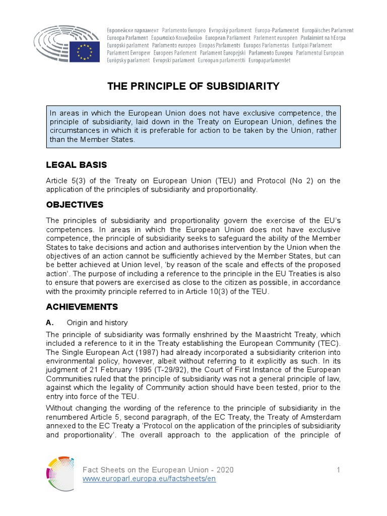 The Principle of Subsidiarity: Legal Basis | PDF | Treaty | European Union
