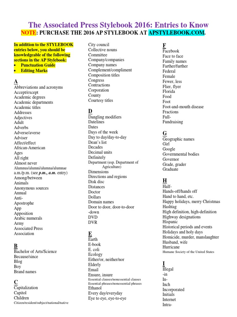 AP Stylebook 2016 Key Entries | PDF | Syntax | Grammar