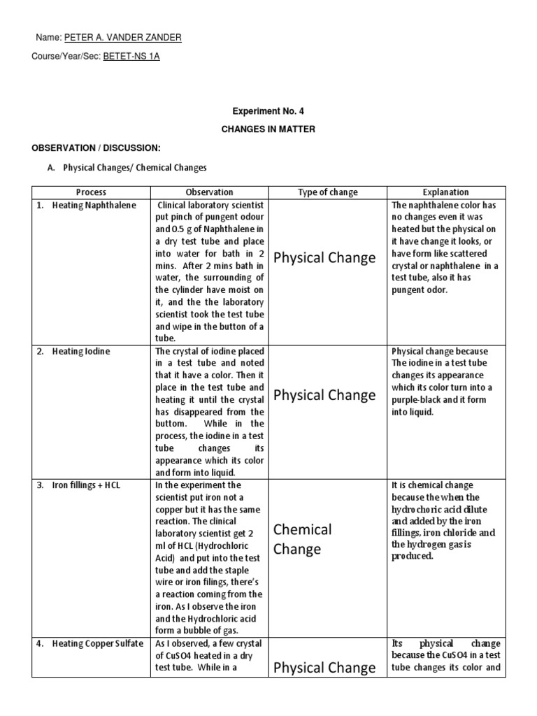 Physical Change: Experiment No. 4 Changes in Matter Observation ...