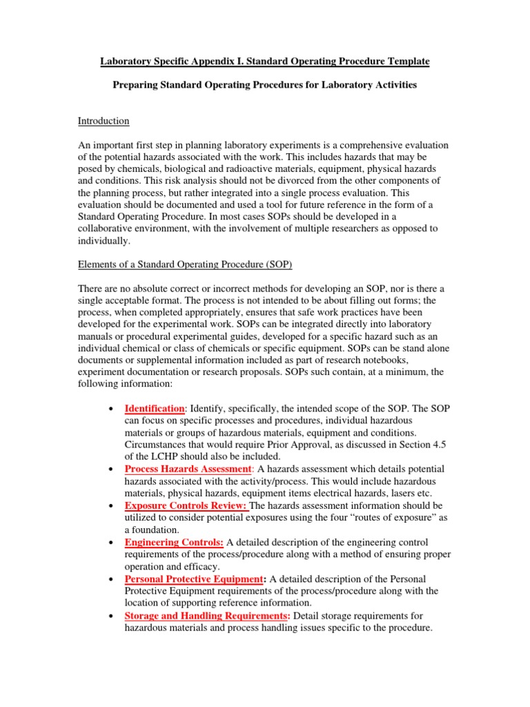 Laboratory Specific Appendix I- SOP Template | Laboratories | Personal ...