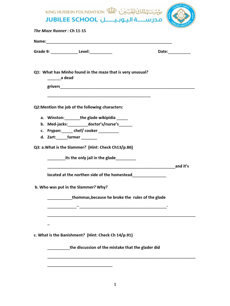 The Maze Runner Work Sheet CH11-15 | PDF
