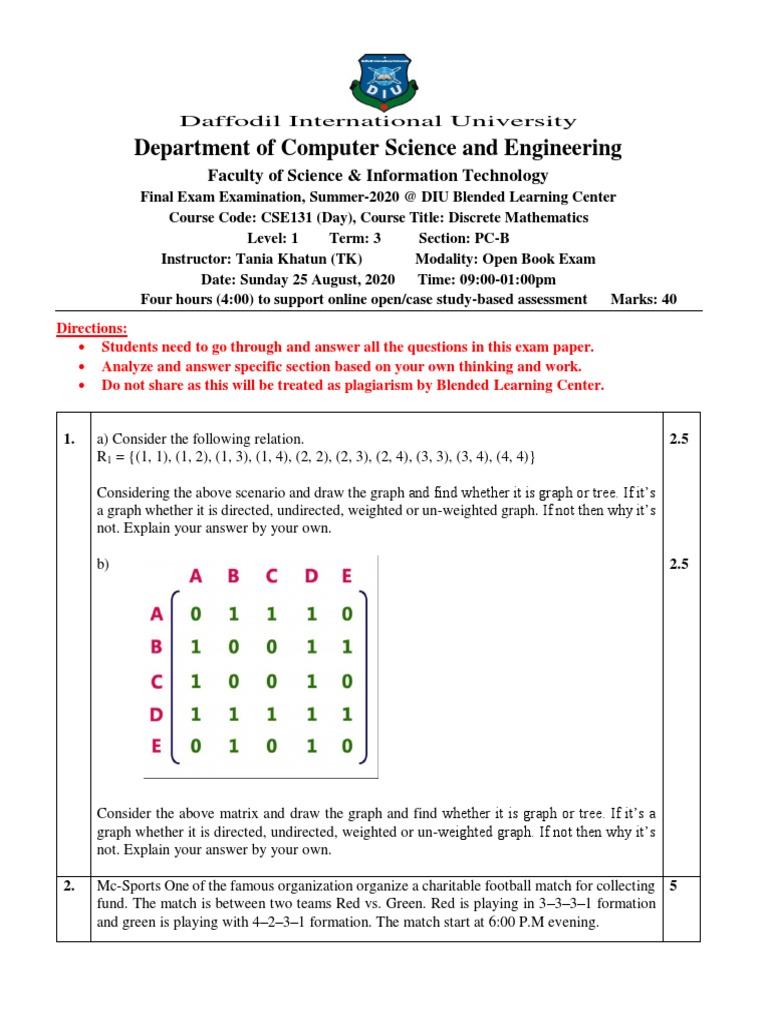 CSE131 - Summer 2020 - Final Exam | PDF | Defender (Association Football) | Discrete Mathematics