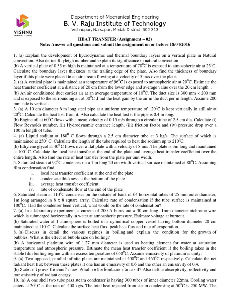 Heat Transfer Assignment Questions | PDF | Heat Exchanger | Heat Transfer