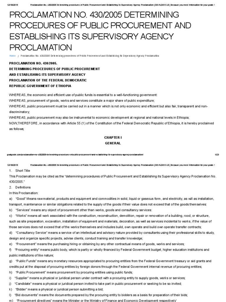 Ethiopia's Public Procurement Proclamation 430 | PDF | Procurement ...