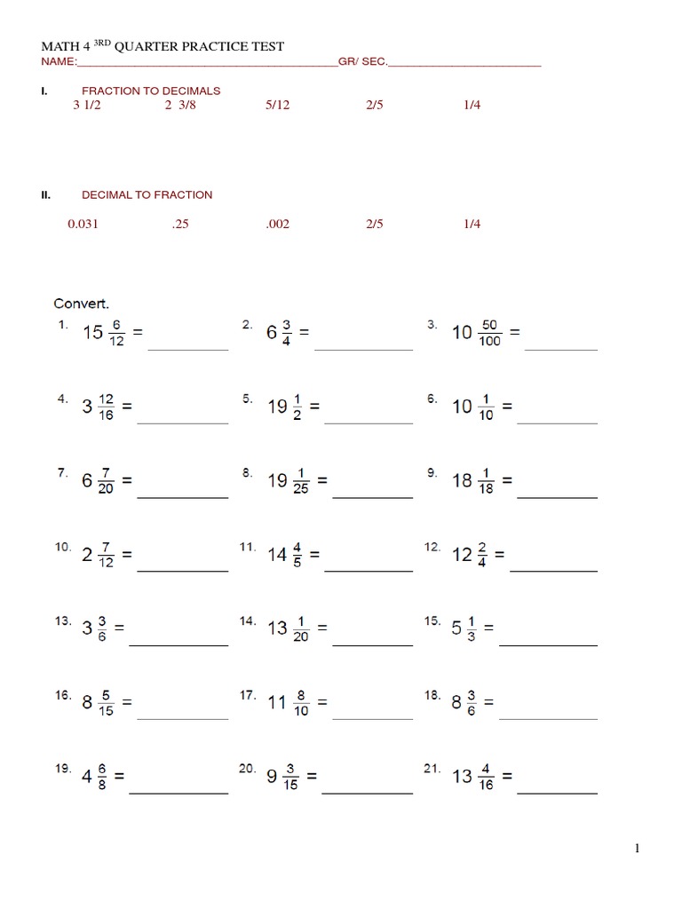 Converting Between Fractions and Decimals: A Practice Test Covering ...