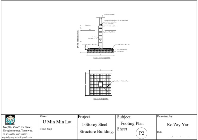 Section and Plan Details of a Reinforced Concrete Footing (C1/F2) for a ...