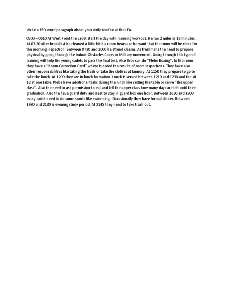Write A 150-Word Paragraph About Your Daily Routine at The LFA | PDF