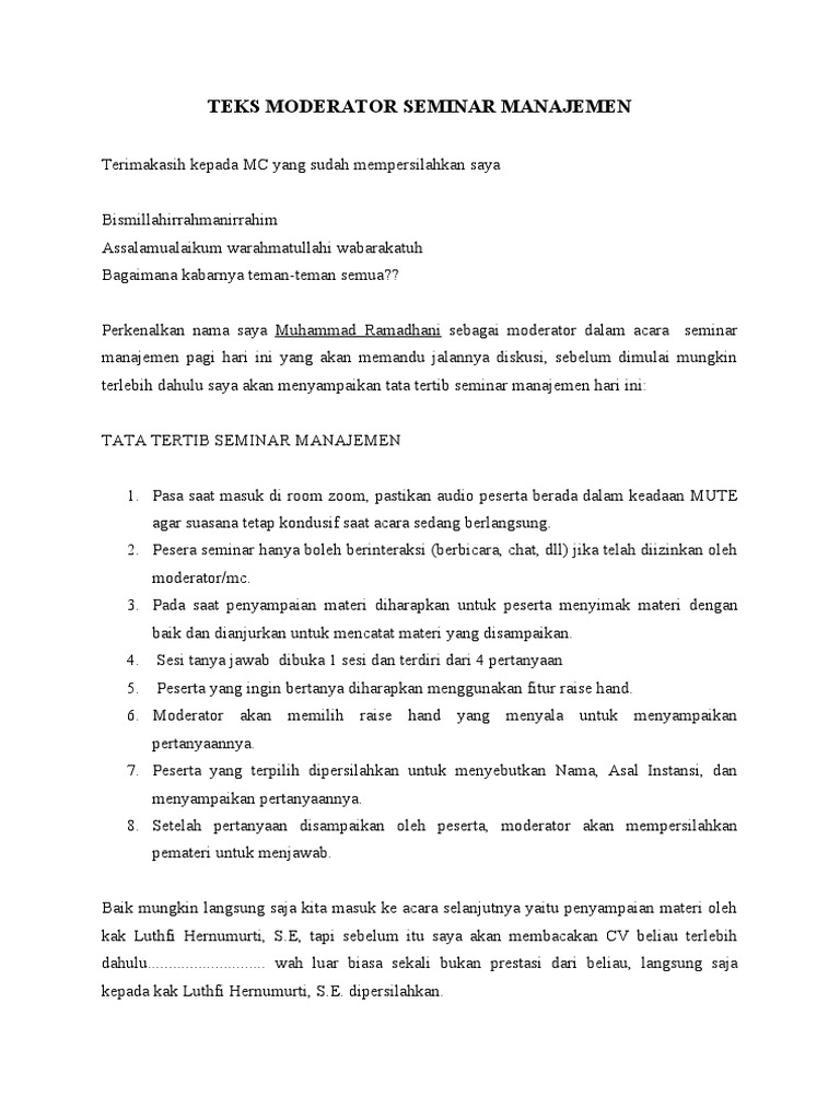 Teks Moderator Seminar Manajemen (Edit) | PDF