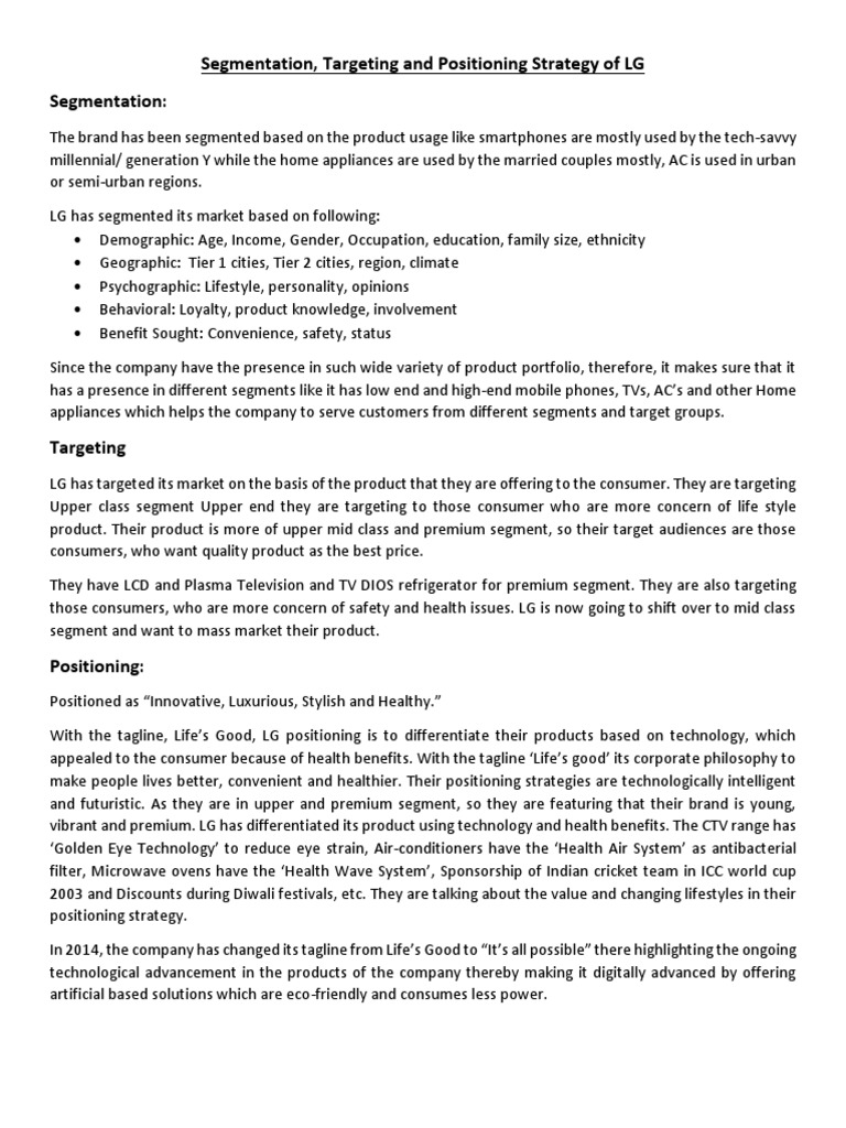 LG Electronics Market Positioning Strategy | PDF | Target Audience ...