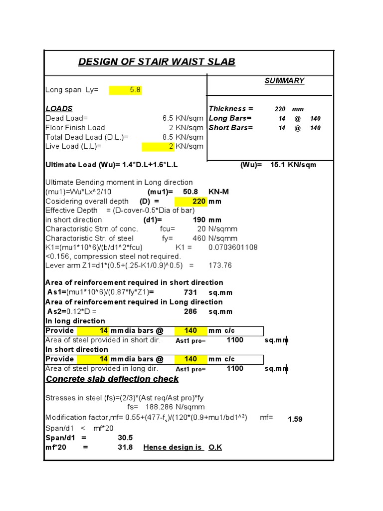 Design of Stair Waist Slab: Concrete Slab Deflection Check | PDF