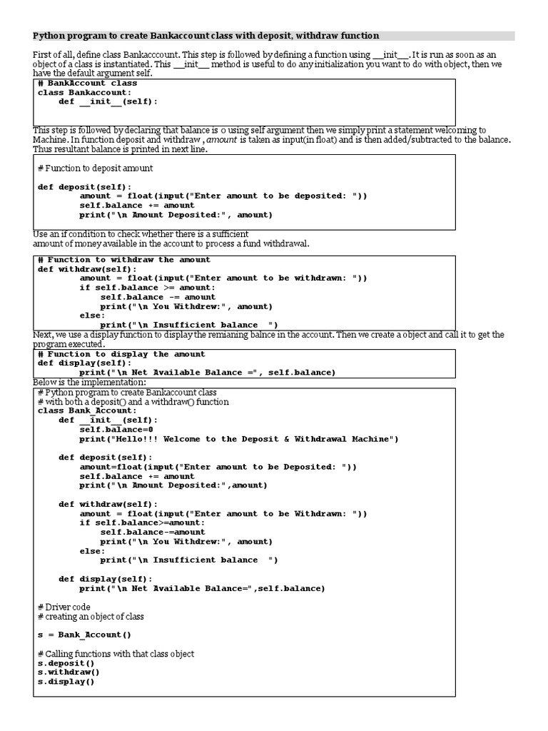 Python Program To Create Bankaccount Class With Deposit Pdf Parameter Computer Programming