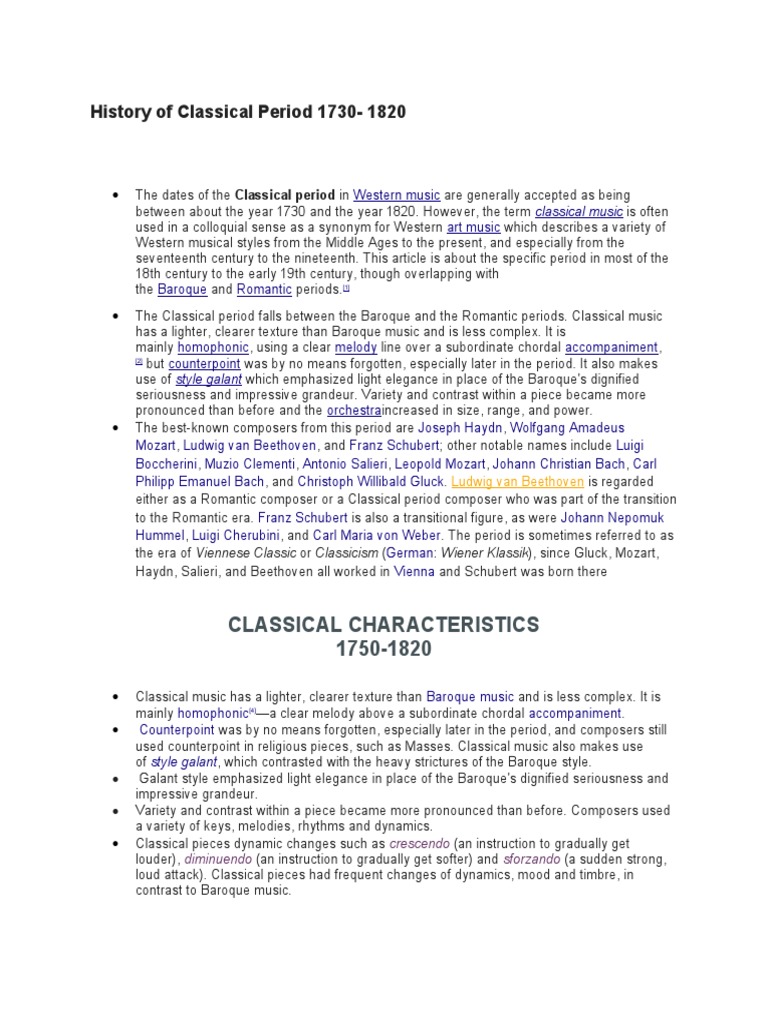 Classical Period: 1730-1820 Overview | PDF | Classical Period (Music ...