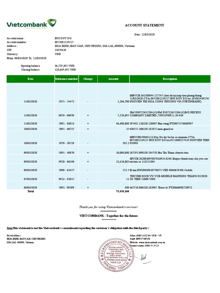Date Reference Number Change Amount Description: Account Statement ...