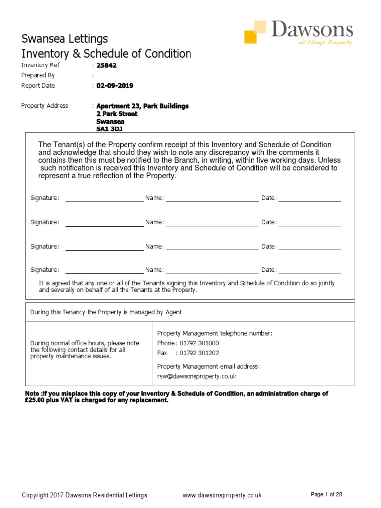 Swansea Lettings Inventory & Schedule of Condition: Apartment 23, Park ...