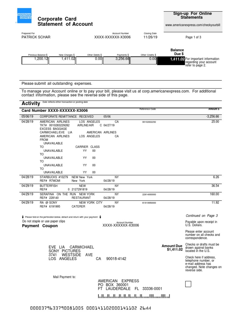 Corporate Card Statement Overview | PDF | Cheque | Services (Economics)