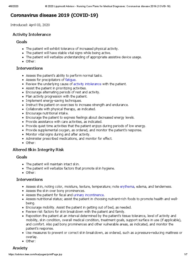 © 2020 Lippincott Advisor Nursing Care Plans For Medical Diagnoses ...