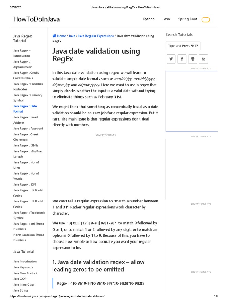 Java Date Validation Using Regex Howtodoinjava Pdf Regular Expression Java Programming