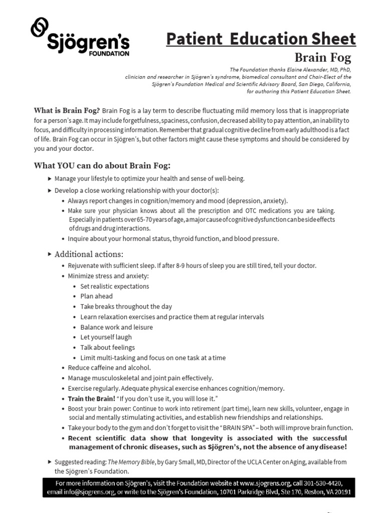 Patient Education Sheet: Brain Fog | PDF | Memory | Anxiety