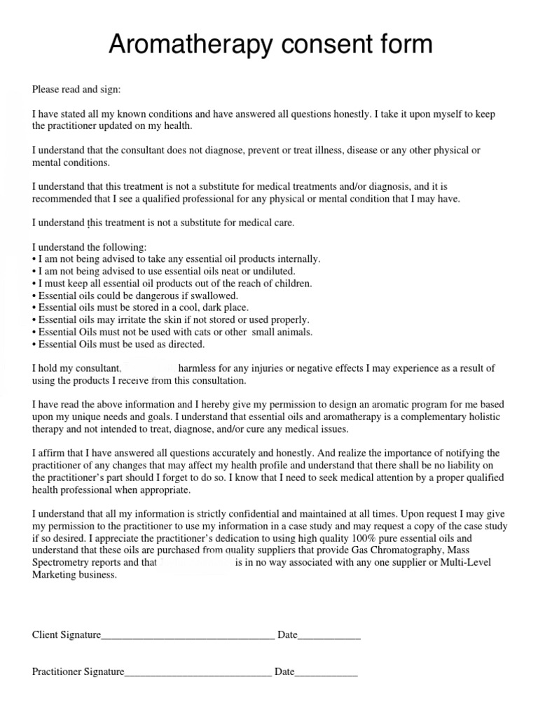 Aromatherapy Consent Form PDF | PDF | Essential Oil | Aromatherapy