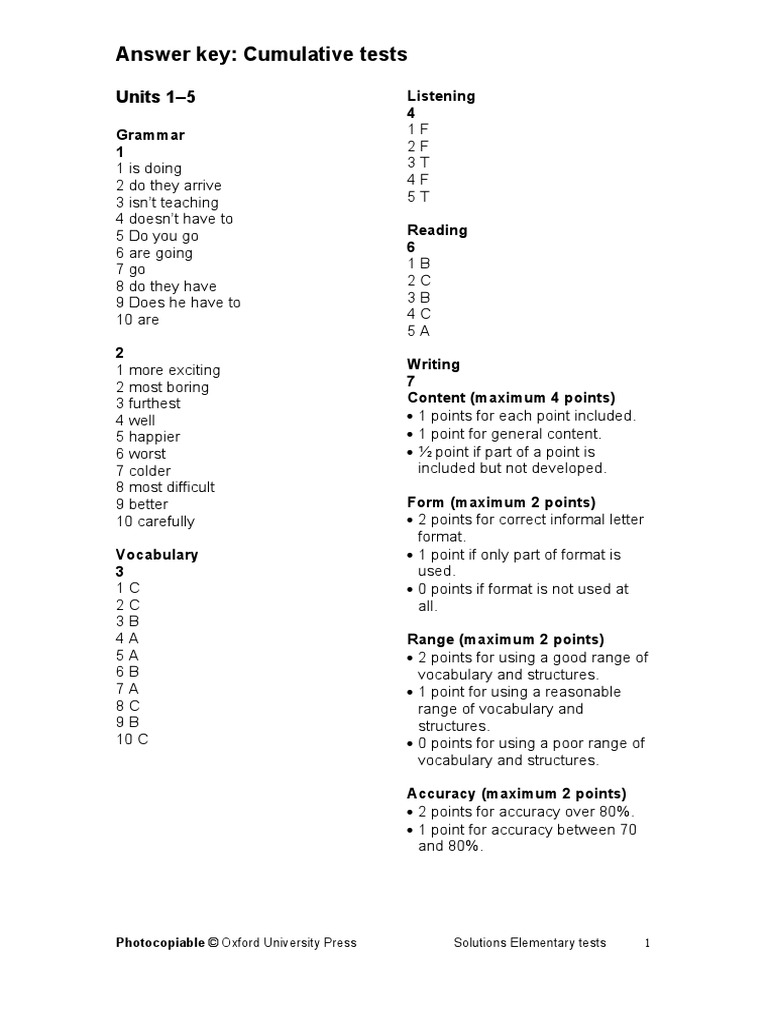 Answer Key: Cumulative Tests: Units 1-5 | PDF | Learning | Cognition