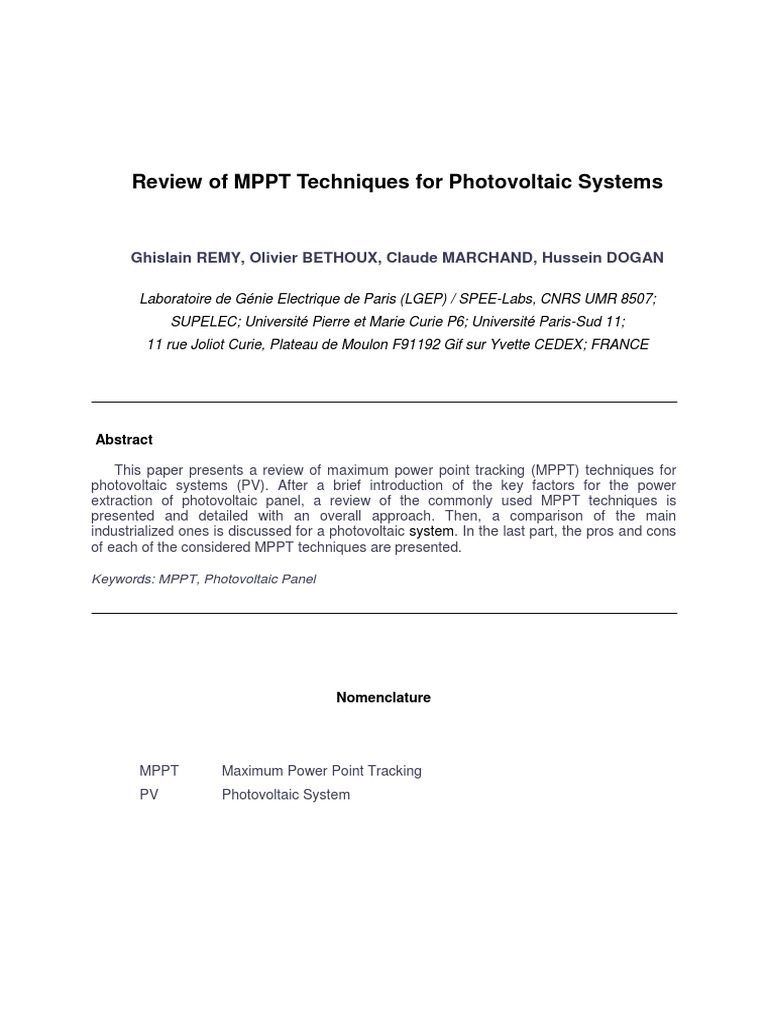 Review of MPPT Techniques For Photovoltaic Systems: Ghislain REMY ...