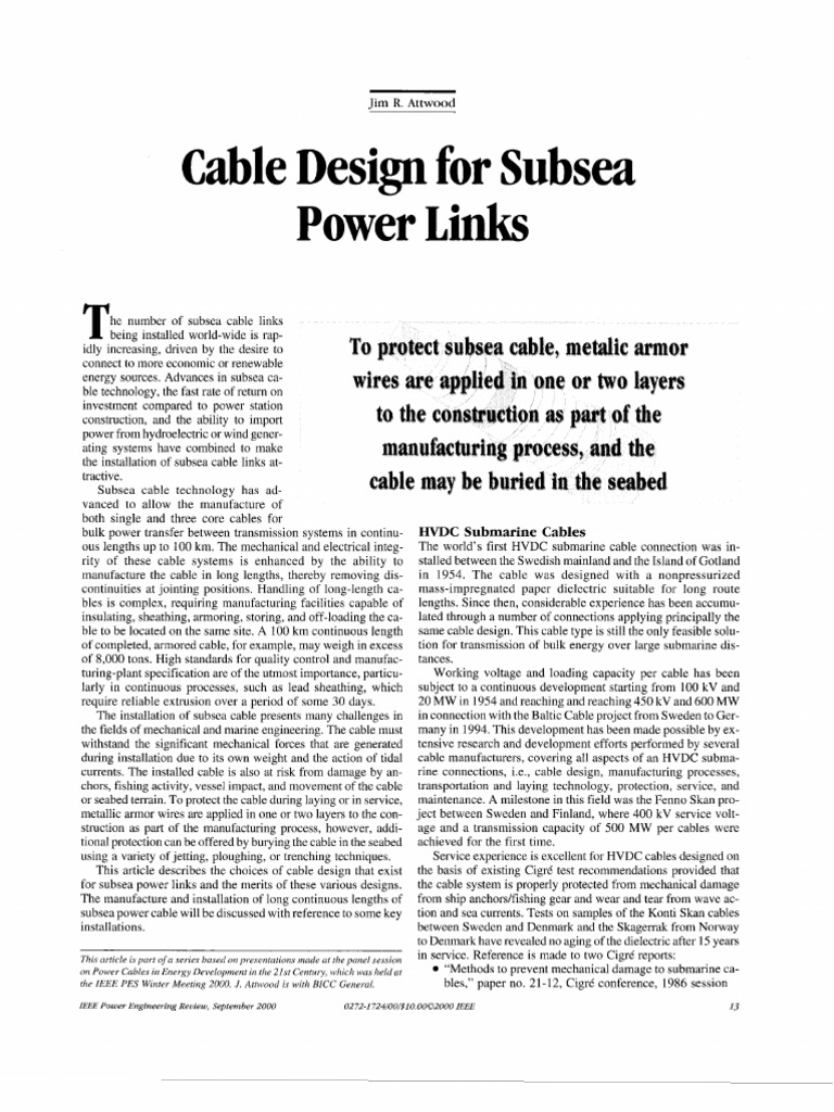 Cable Design For Subsea Power Links | PDF | High Voltage Direct Current ...