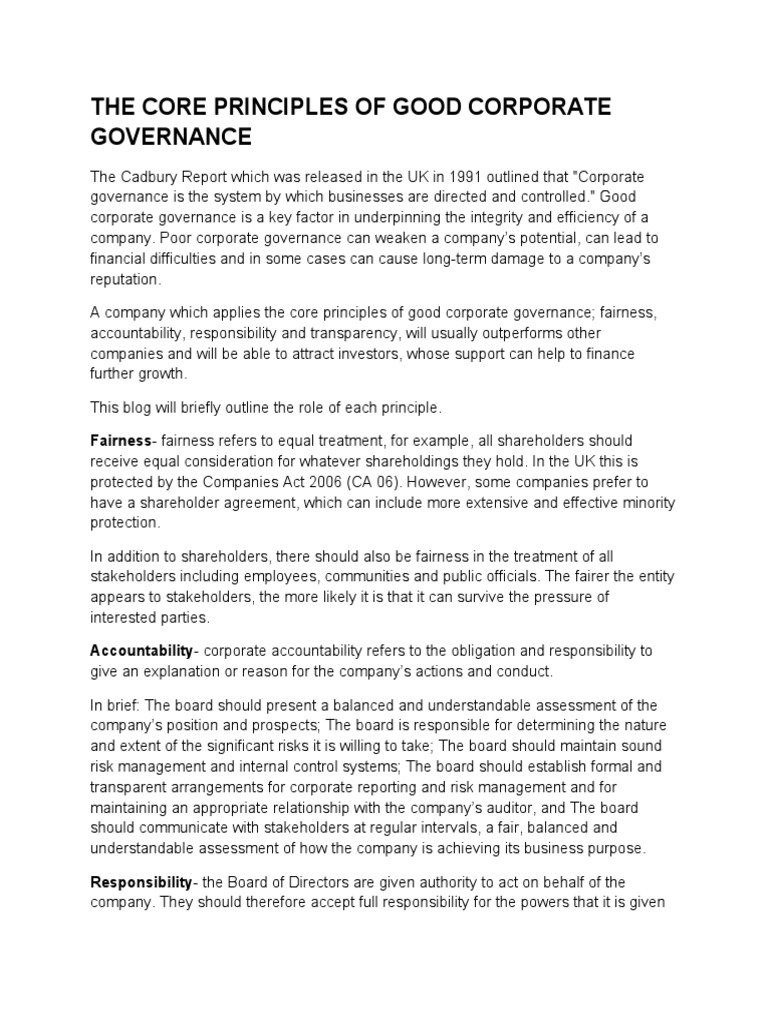 The Core Principles of Good Corporate Governance | PDF | Corporate ...