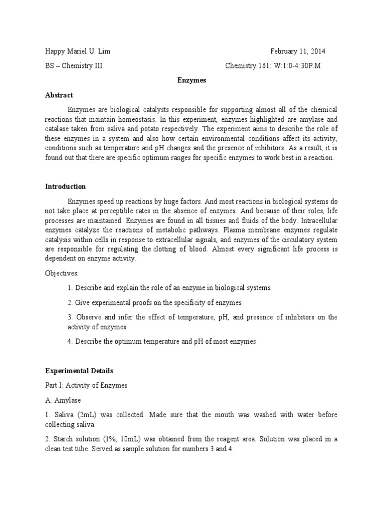 Enzymes Lab Report - Activty 8 | PDF | Enzyme | Catalysis