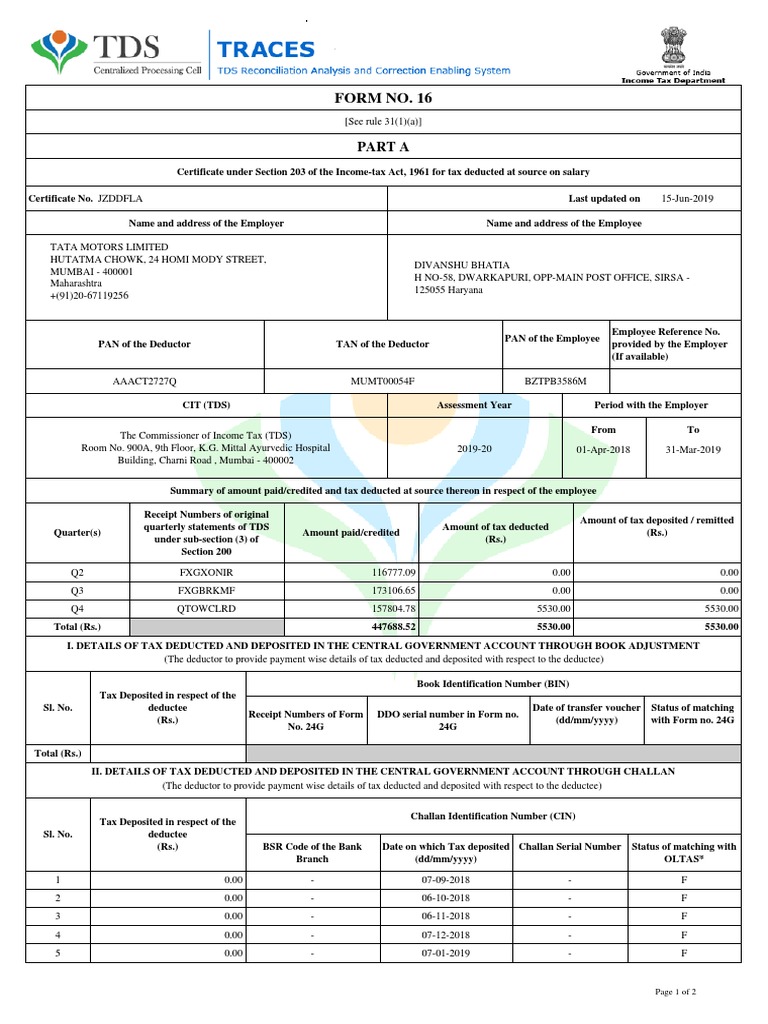 Form 16 Part - A | PDF | Payments | Taxes