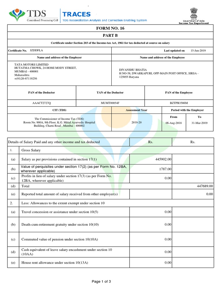 Form 16 Part - B | PDF | Tax Deduction | Tax Exemption