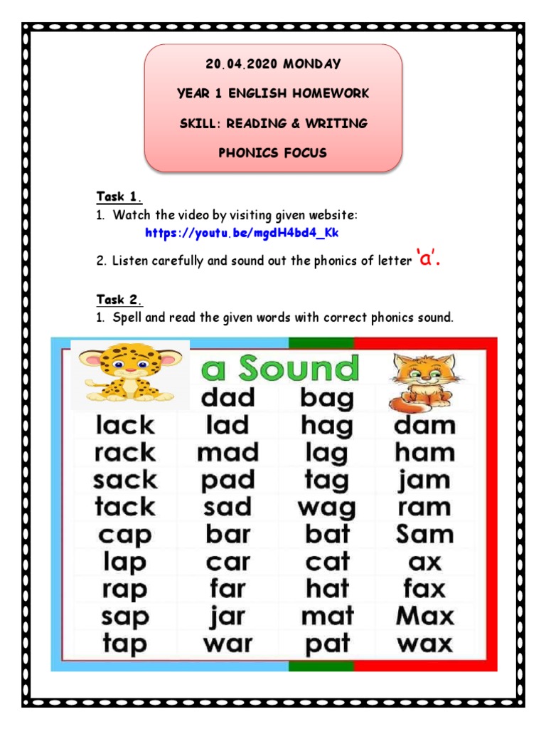 20.04.2020 MONDAY Year 1 English Homework Skill: Reading & Writing ...