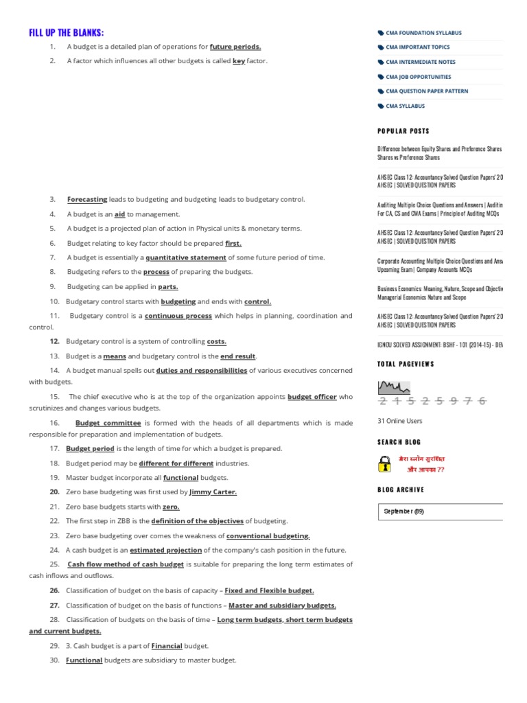 MCQ On Budget and Budgetary Control - Multiple Choice Questions and ...