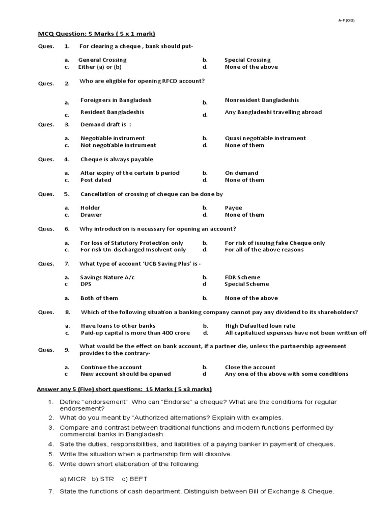 MCQ Question: 5 Marks (5 X 1 Mark) : Answer Any 5 (Five) Short ...