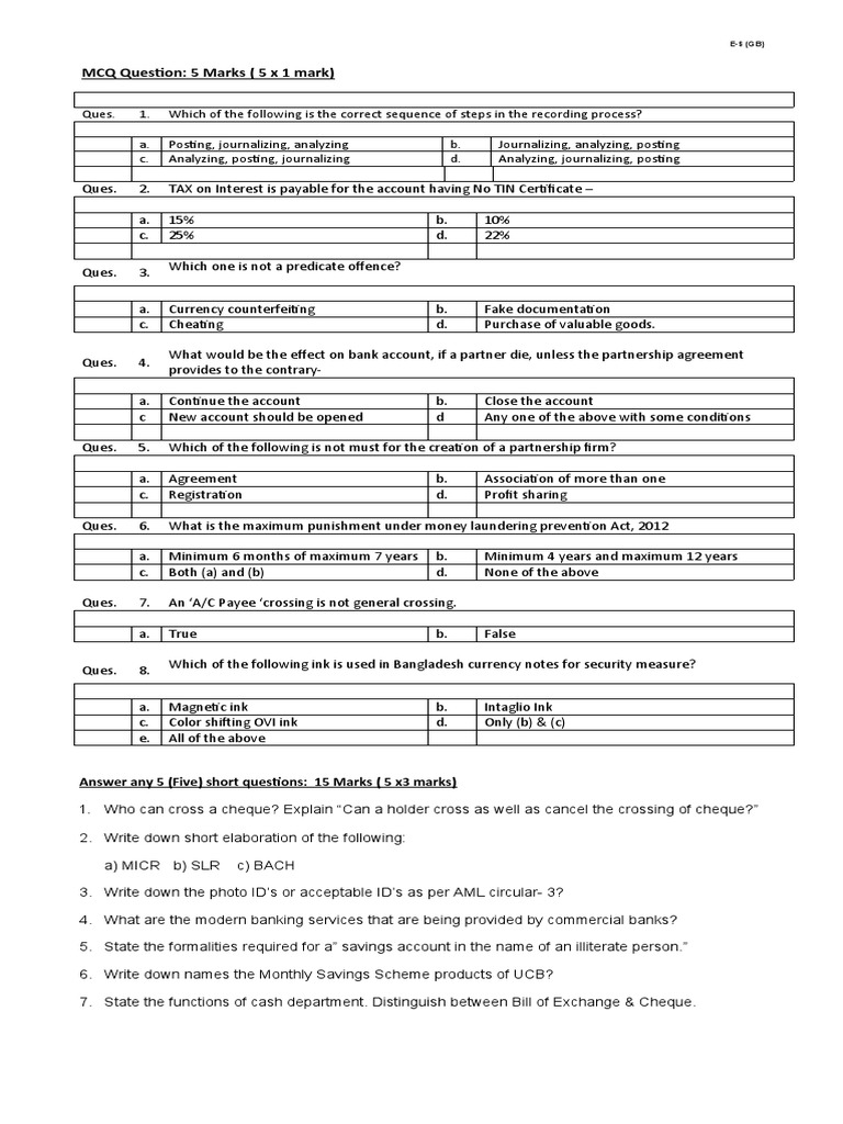 Accounting Principles and Banking Regulations MCQ Questions | PDF | Cheque | Banking