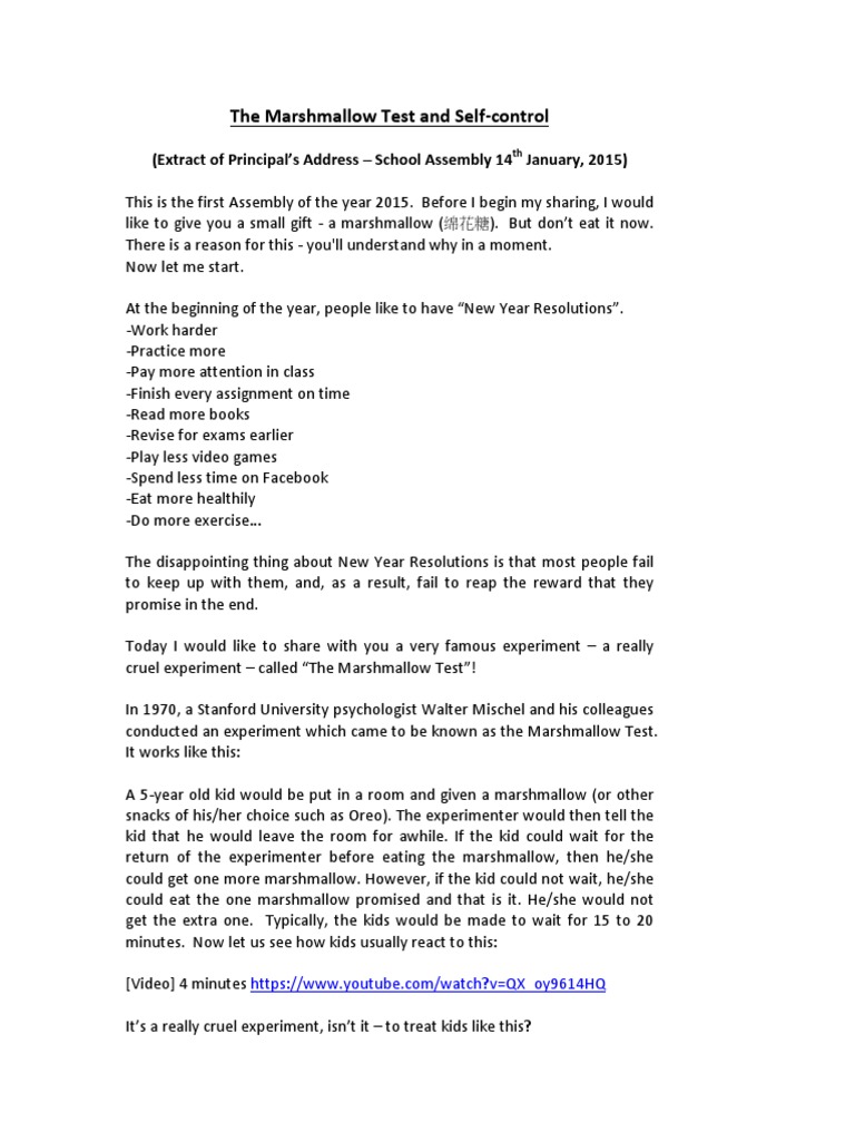 Assembly 2015 01 14 (The Marshmallow Test and Self-Control) (Extract ...