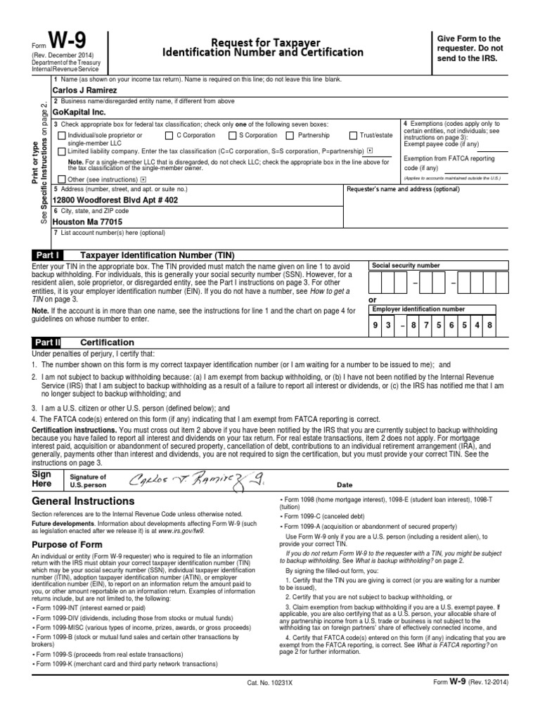 W9-Form CARLOS RAMIREZ PDF | PDF | Withholding Tax | Limited Liability ...