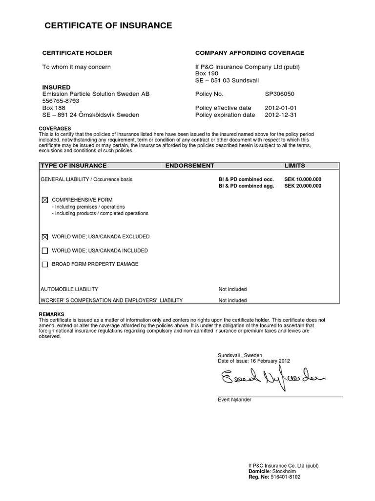 Certificate of Insurance: Certificate Holder Company Affording Coverage ...