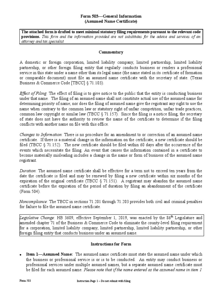 Form 503-General Information (Assumed Name Certificate) : Attorney and ...