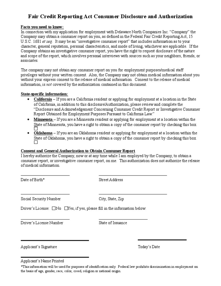 CARCO Fair Credit Reporting Act Consumer Disclosure and Authorization ...