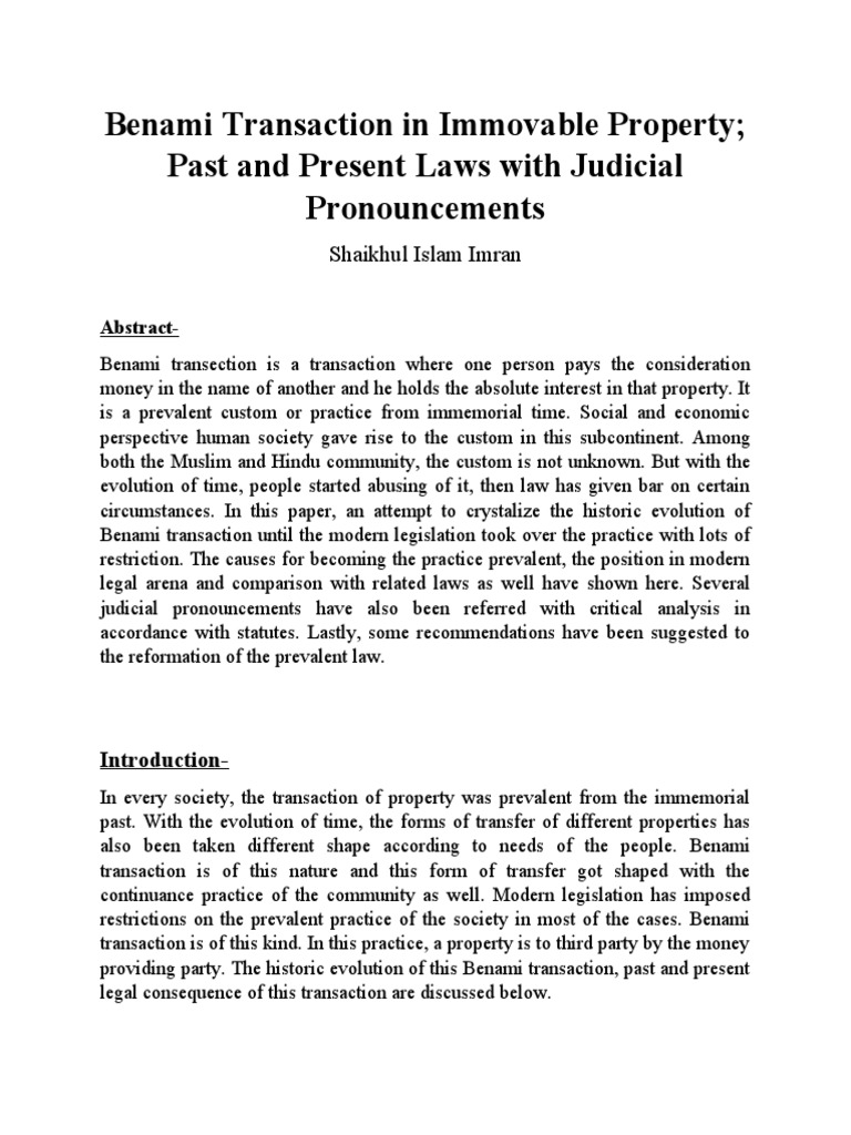 Benami Transaction in Immovable Property Past and Present Laws With Judicial Pronouncements ...