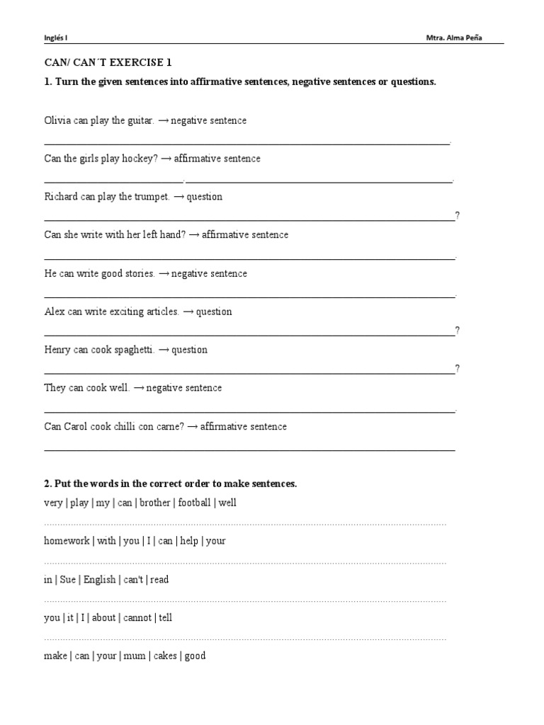 Can/ Can T Exercise 1 1. Turn The Given Sentences Into Affirmative ...