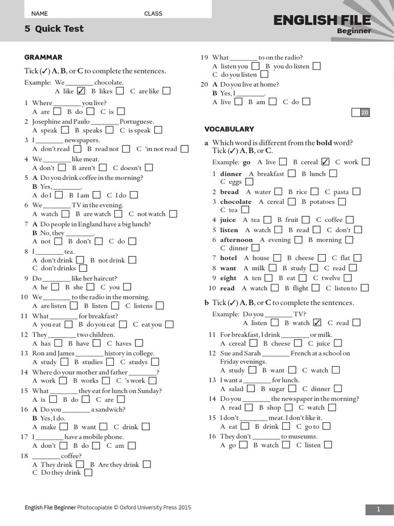 English File: 5 Quick Test | PDF | Lunch | Foods