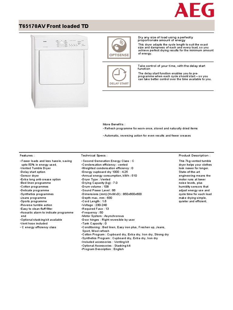 Datasheet T65170AV | PDF | Clothes Dryer | Manufactured Goods