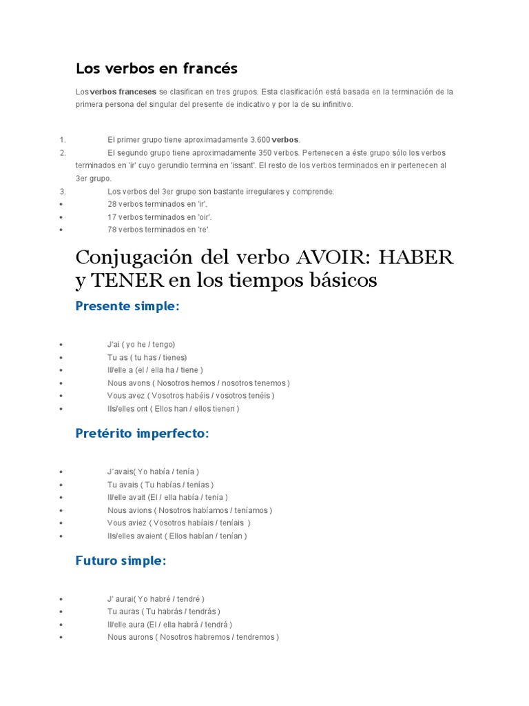 Los Verbos en Francés | PDF | Conjugación gramatical | Tipología ...