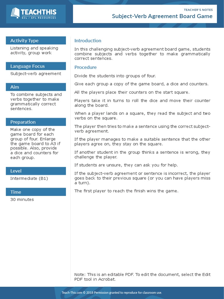 Subject-Verb Agreement Board Game PDF | PDF | Verb | Linguistics