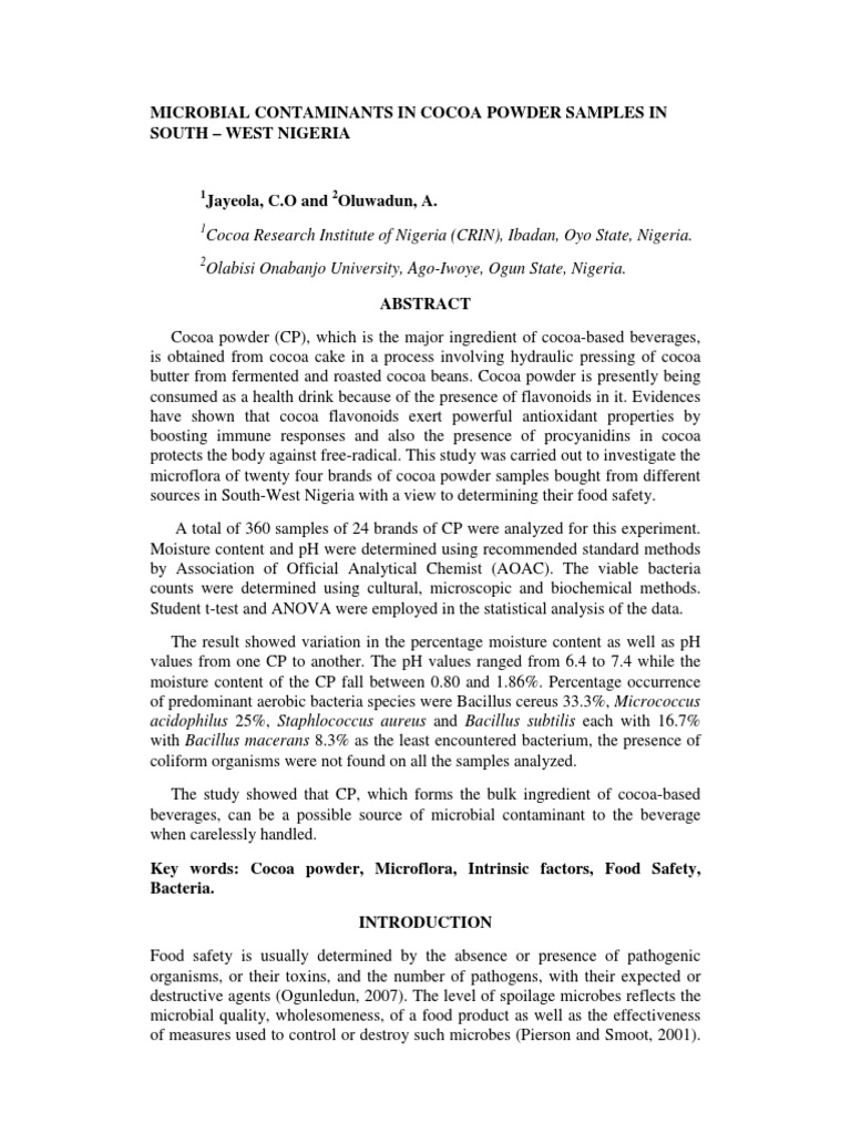 Microbial Contaminants in Cocoa Powder Samples in South 150 West ...