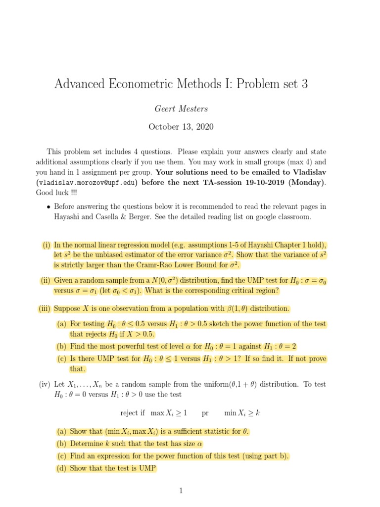 Advanced Econometric Methods I: Problem Set 3: Geert Mesters October 13, 2020 | PDF