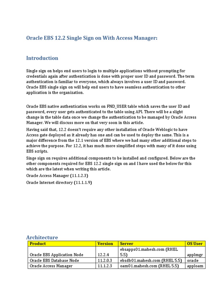 Oracle Ebs 12 2 Single Sign On With Access Manager Product Server Os