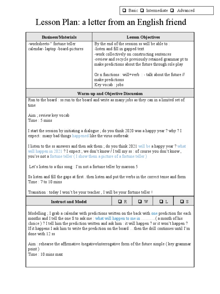 Lesson Plan: A Letter From An English Friend: Business/Materials Lesson ...