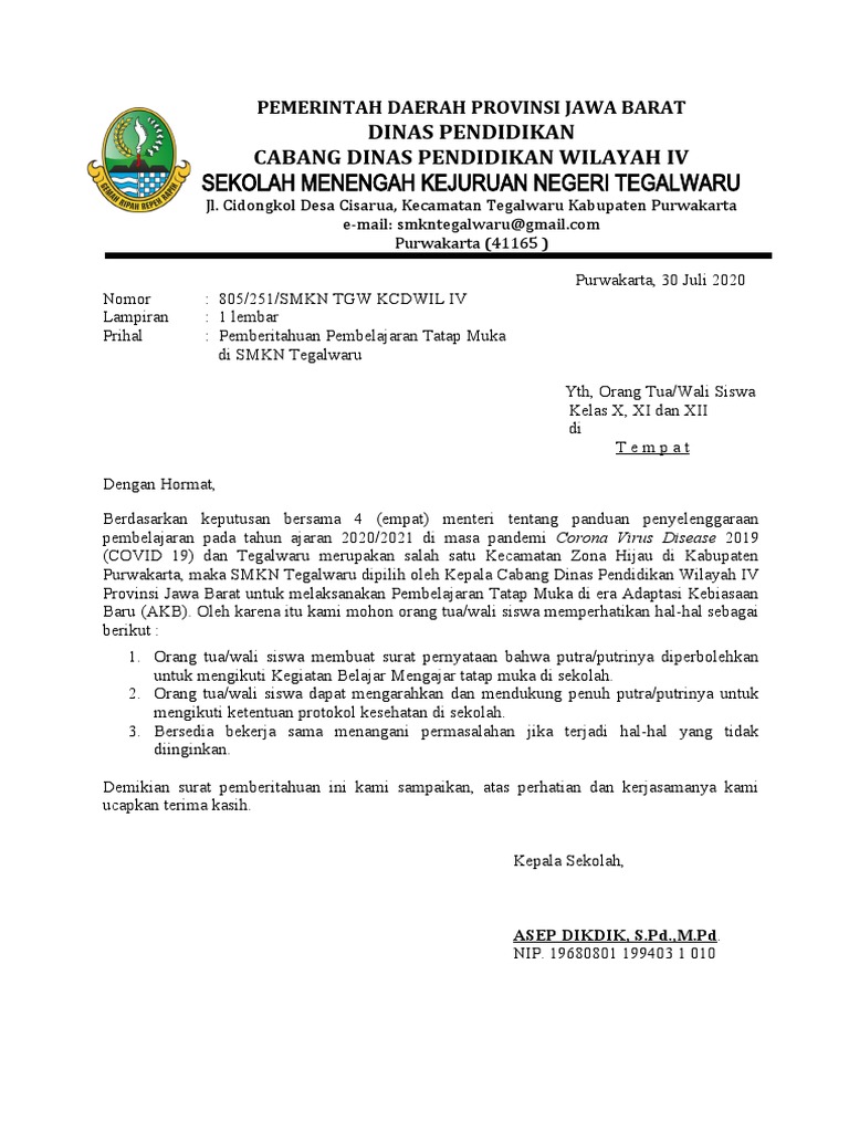 Surat Pemberitahuan Dan Pernyataan Orang Tua Tentang KBM Tatap Muka ...
